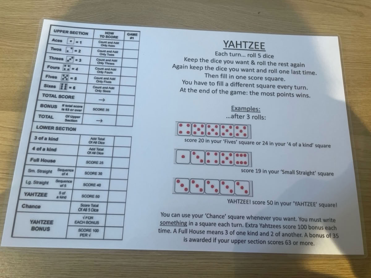 Free: 5 Dice with Yahtzee instructions (Huntingdon Rd & Storey's Way)