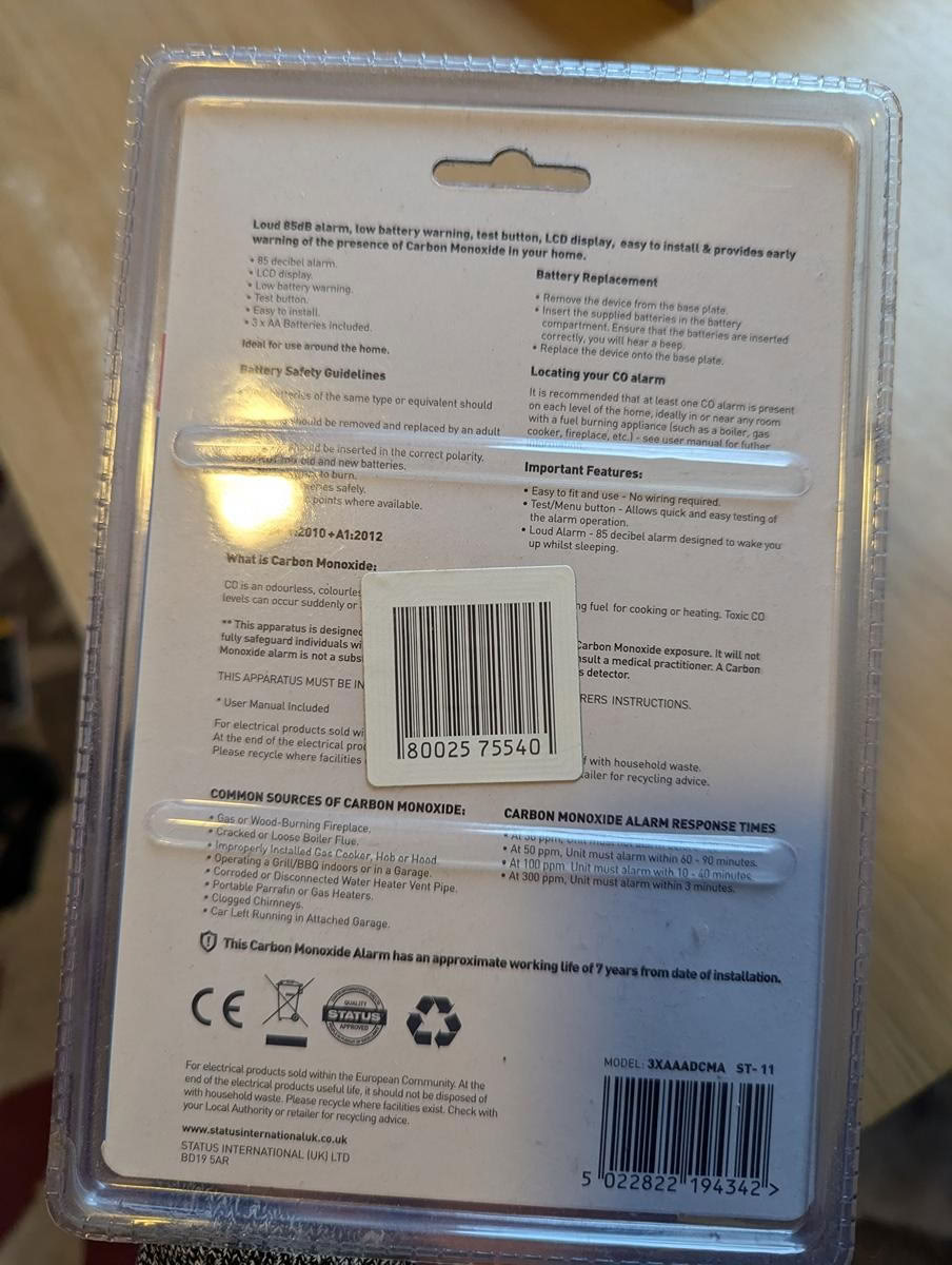 Free: Carbon monoxide alarm (Hollingworth SK14)